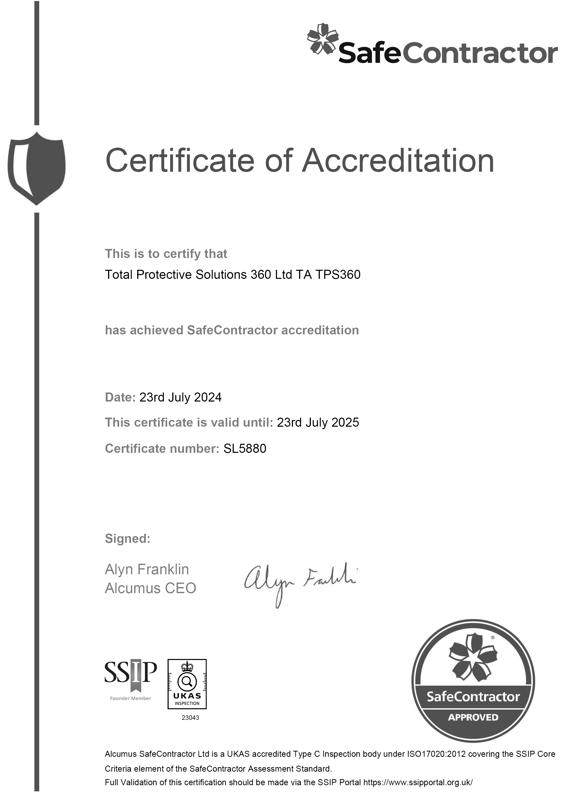Awarded Alcumus SafeContractor Accreditation for Another Year - TPS360
